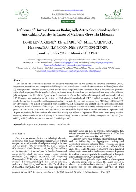 Pdf Influence Of Harvest Time On Biologically Active Compounds And The Antioxidant Activity In