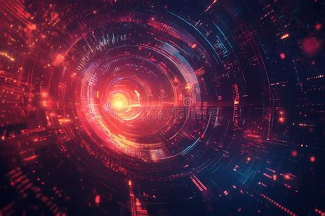 Abstract Futuristic Digital Background With Glowing Circular Elements And Red Lights Creating
