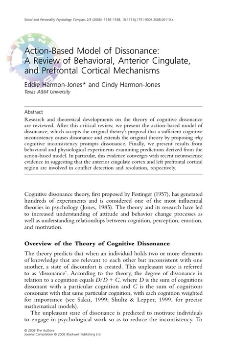 Pdf Action‐based Model Of Dissonance A Review Of Behavioral Anterior Cingulate And