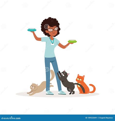 Cute Curly Haired Girl Feeding Homeless Cats Volunteer Holding Bowls