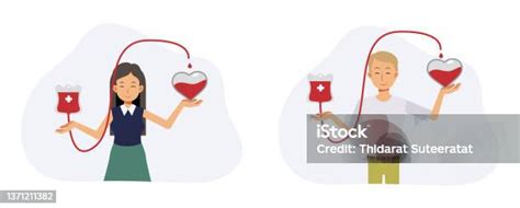 헌혈 개념자선 자원 봉사 남자와 여자는 심장 근처에 혈액을 기증 플랫 벡터 만화 캐릭터 일러스트레이션 가방에 대한 스톡 벡터