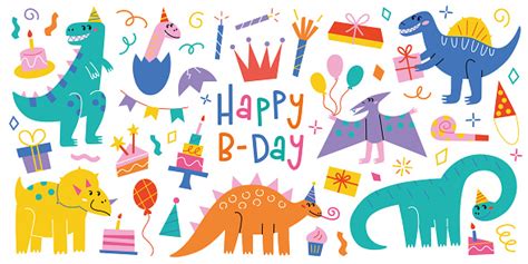귀여운 공룡 생일 세트 행복 한 파티 케이크 선물 풍선 모자와 컬렉션의 벡터 그림 평평한 만화 스타일 다채로운 낙서 장난기