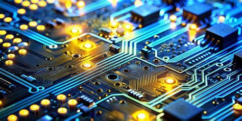 Close Up Of A Circuit Board With Glowing Traces Highlighting The