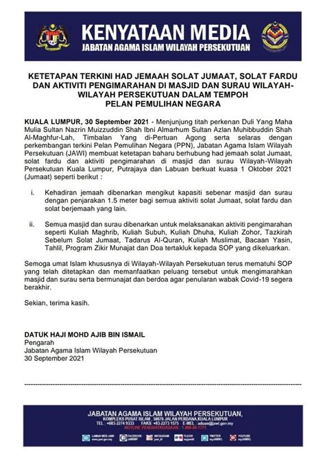 📢 Ketetapan Terkini Had Jemaah Solat Jumaat Solat Fardu Dan Aktiviti