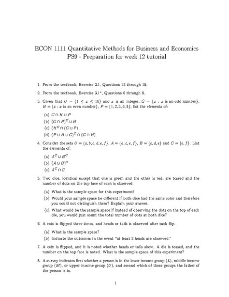 Week11 Tut Qs Very Helpful For Exam Preparation ECON 1111 Quantitative Methods For Business
