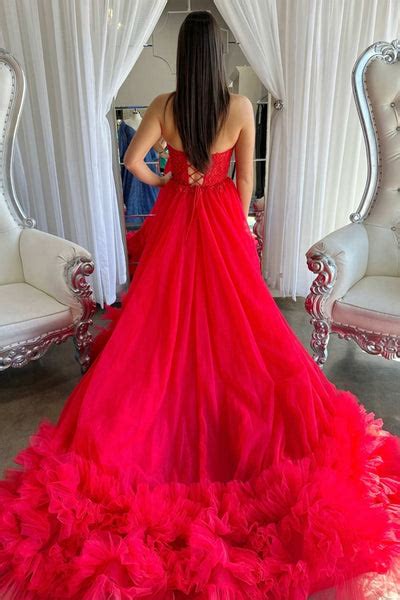 Gorgeous Strapless Red Lace Long Prom Dress With Train Red Lace Forma