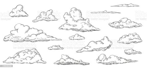 흰색 배경에 고립 된 손으로 그린 빈티지 복고풍 스타일의 구름 세트 만화 디자인 요소 벡터 그림입니다 구름 풍경에 대한 스톡