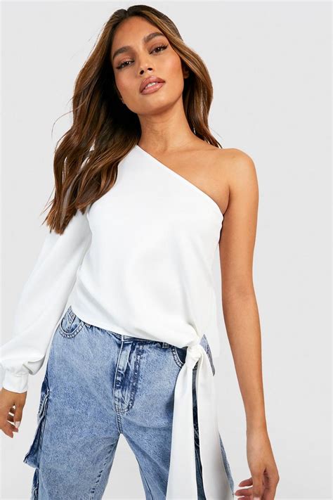 Womens White Scuba One Shoulder Tie Detail Top Boohoo Uk