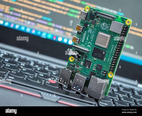 Galati ROMANIA March Close Up Of A Raspberry Pi Model B On A Laptop Keyboard The