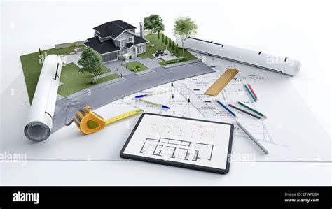 3d Rendering Of A House Architecture Model With Blueprints Plan And Tablet Design Plan Stock