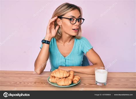 Beautiful Caucasian Woman Eating Croissant Breakfast Smiling Hand Ear