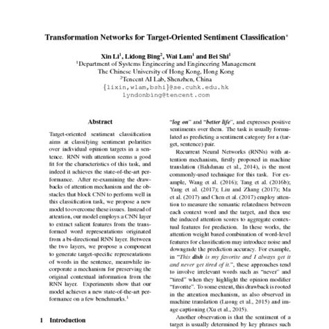 transformation networks for target oriented sentiment classification