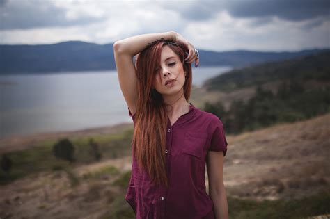 Redhead Women Outdoors Face Piercing Portrait Women Closed Eyes
