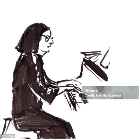 피아노에 음악가 여성 반주자 흑백 그림 그래픽 스케치 놀기에 대한 스톡 벡터 아트 및 기타 이미지 놀기 사람들 실루엣 Istock
