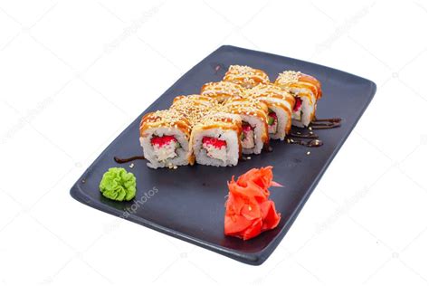 Mariscos Japoneses Sushi Roll Aislado En Blanco De Cerca Restaurante