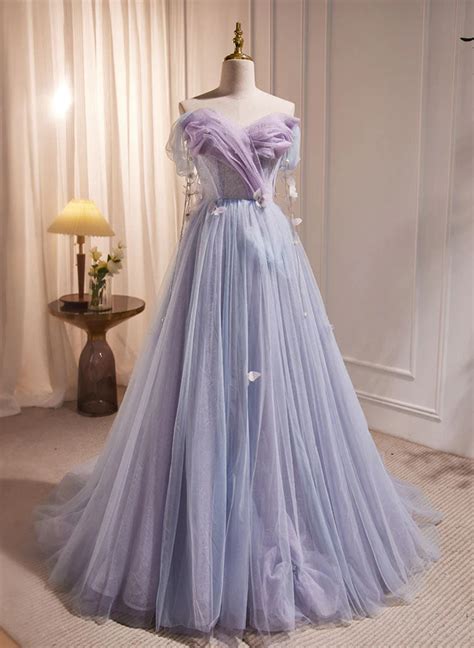 Light Purple Beaded Off Shoulder Long Tulle Formal Dress Light Purple