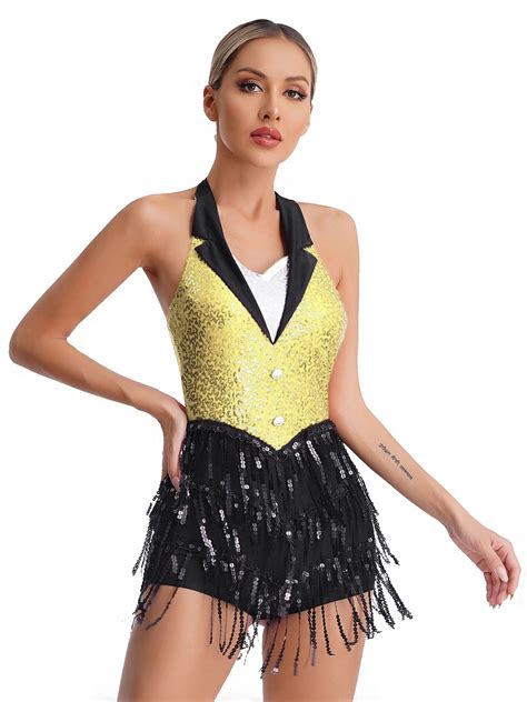 Yizyif Womens Halter Shiny Sequins Tassel Latin Jazz Dance Leotard
