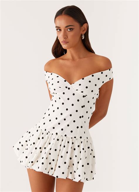 Endless Romance Off Shoulder Mini Dress White Polka Dot Peppermayo