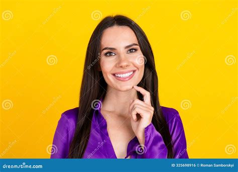 Photo Of Positive Smiling Lady Touch Chin Look Thinking Isolated Vivid