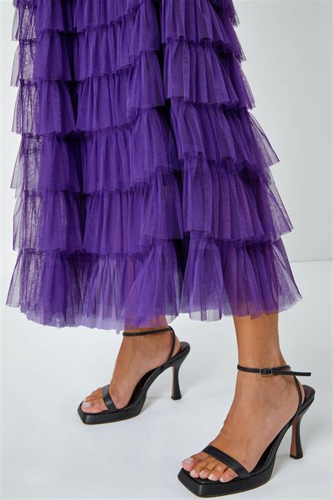 Purple Elasticated Mesh Tiered Ruffle Skirt Roman Uk