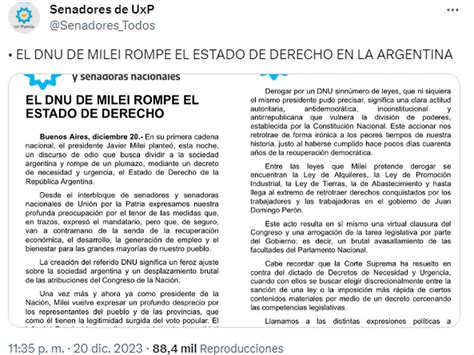 El Partido Justicialista y Unión por la Patria se expresaron en contra del DNU y lo consideraron