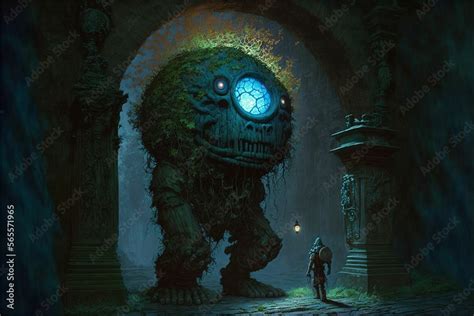 Fantasy Scene Of An Ancient Golem Protecting An Abandoned City Ruin