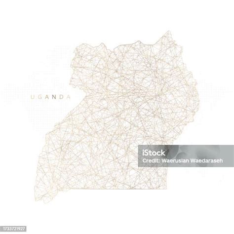 우간다의 로우 폴리 지도 금색 다각형 와이어프레임 흰색 배경에 금색 입자가 있는 반짝이는 벡터 0명에 대한 스톡 벡터 아트 및