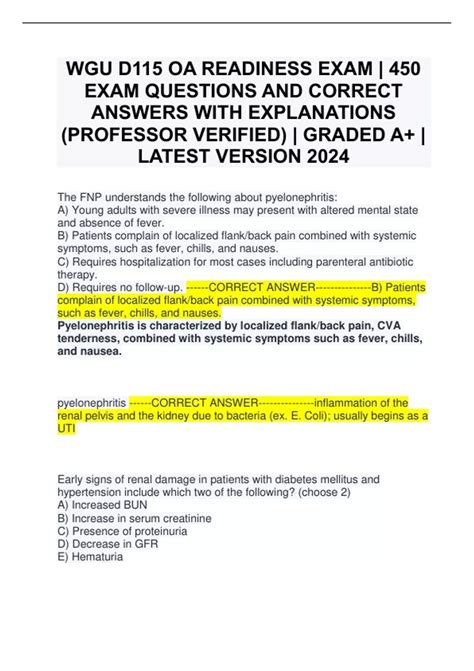 WGU D115 OA READINESS EXAM 450 EXAM QUESTIONS AND CORRECT ANSWERS WITH EXPLANATIONS PROFESSOR