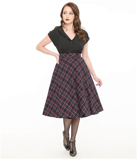 Unique Vintage 1950s Navy And Green Plaid High Waist Vivien Swing Skirt