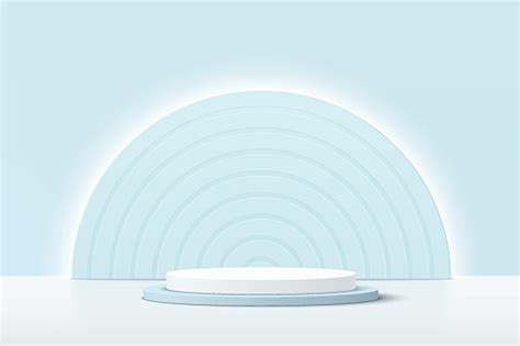추상 3d 화이트 블루 실린더 받침대 연단과 빛나는 밝은 파란색 세미 서클 배경 제품 디스플레이 프리젠 테이션을위한 파스텔 블루