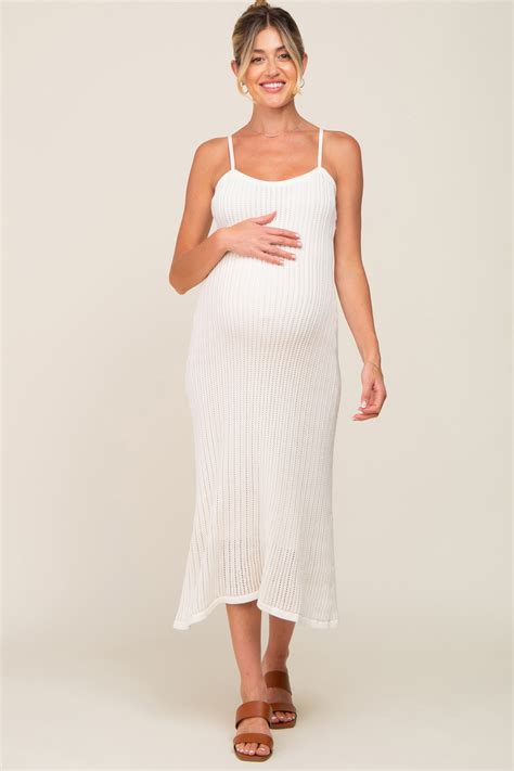White Open Knit Crochet Maternity Midi Dress Pinkblush