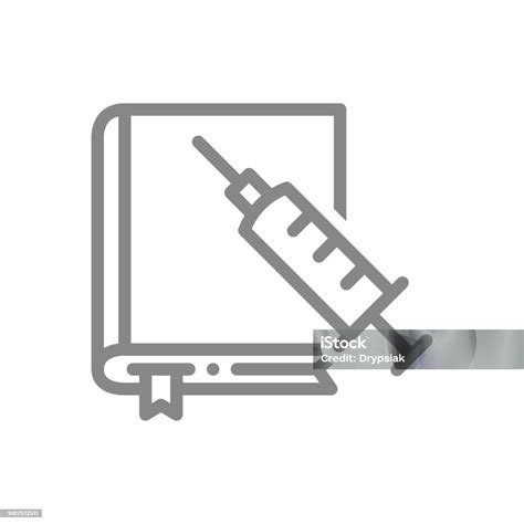 의료용 주사기 및 책 라인 아이콘입니다 예방 접종 정보 의학 교육 간호 과정 기호 0명에 대한 스톡 벡터 아트 및 기타 이미지