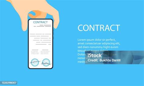 벡터 일러스트레이션의 전자 계약 또는 디지털 서명 개념 데스크톱 Pc를 통한 온라인 전자 계약 문서 서명 웹 사이트 또는 웹 페이지 레이아웃 템플릿입니다 개념에 대한 스톡