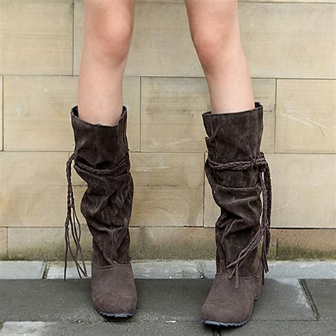 Hot 4 Colors Fringe Boots 2018 Low Heel Tassel Moccasin Flat Knee High