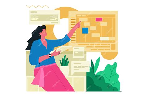 Kanban 보드 일러스트레이션의 여성 및 작업 관리 프리미엄 벡터
