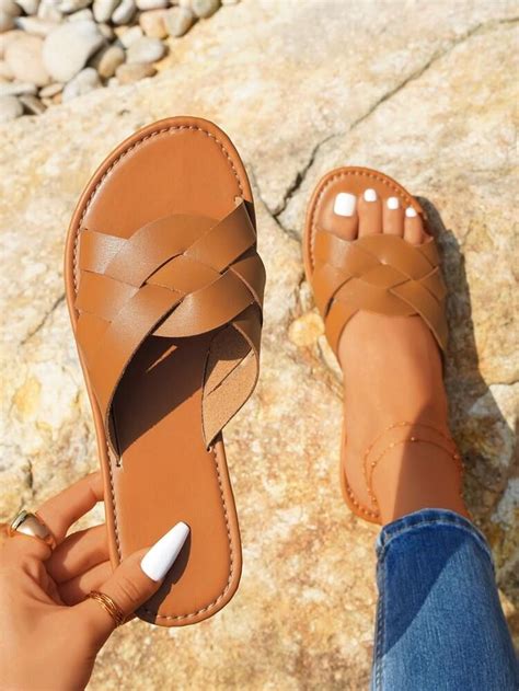 Women Braided Detail Slide Sandals Vacation Outdoor Flat Sandals