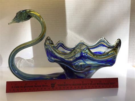 Hand Blown Murano Style Art Glass Swan Bowl In Blue And Green Etsy