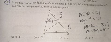 In The Figure Of Abc D Divides Ca In The Ratio If Debc F Is
