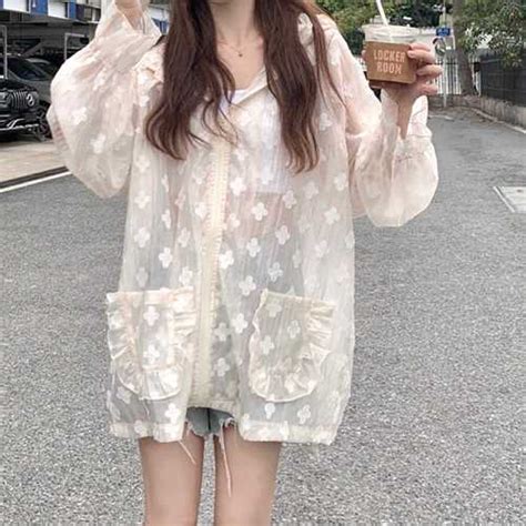 저스트메리드 아이보리 꽃무늬 시스루 후드 여성 캐주얼 집업 가디건 J25