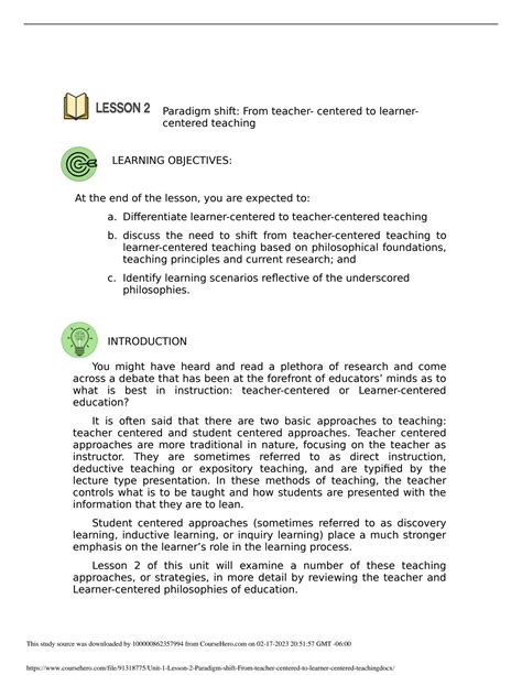 Solution Unit Lesson Paradigm Shift From Teacher Centered To