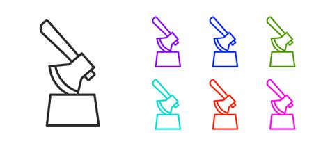 흰색 배경에 격리 된 그루터기 아이콘의 검은 줄 나무 도끼 목재 잭 도끼 도끼는 나무에 갇혀 나무를 자르는 것 다채로운 아이콘을 설정합니다 벡터 강철에 대한 스톡 벡터 아트