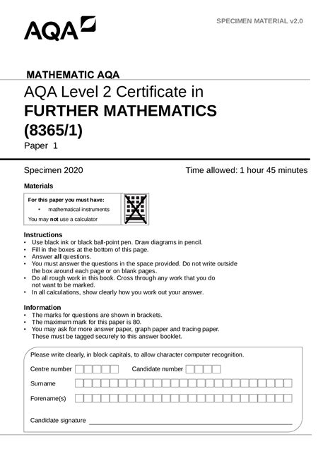 Aqa Level 2 Certificate In Further Mathematics 83651 Paper 1