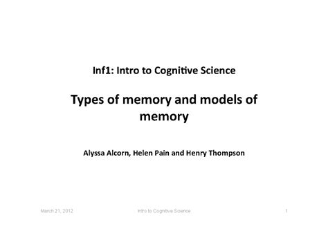 Memory Models Lecture Notes March 21 2012 Intro To Cognitive Science 1 Inf1 Intro To Cogni