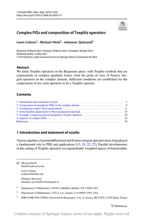 Complex Fios And Composition Of Toeplitz Operators Request Pdf