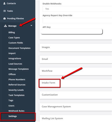 Intake Form Settings Lead Docket