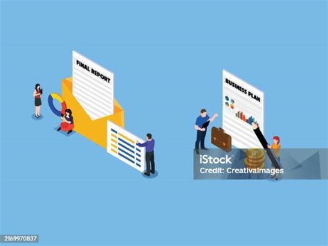 최종 보고서 및 사업 계획 3d 아이소 메트릭 벡터 일러스트 레이 션 개념에 대한 스톡 벡터 아트 및 기타 이미지 개념