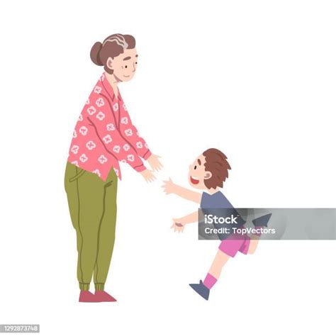 할머니와 손자 지출 취미 시간 함께 조부모 엔터테인먼트 손자 만화 스타일 벡터 일러스트 가족에 대한 스톡 벡터 아트 및 기타
