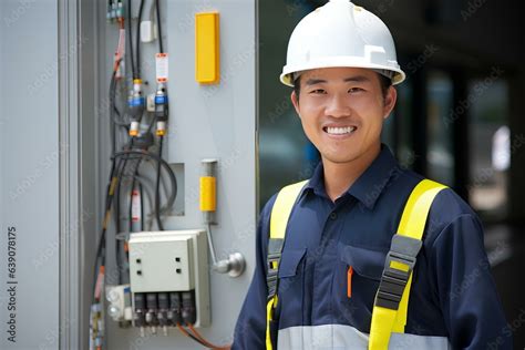 한국의 젊은 전기 수리 기사가 고층 건물의 옥상 외부 전기 설비를 점검 완료한 후 환하게 미소 짓고 있는 모습 Stock Illustration Adobe Stock