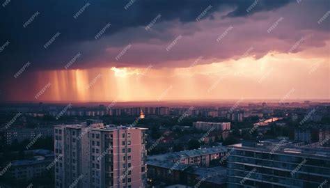 Яркие огни города освещают современный горизонт, созданный ...