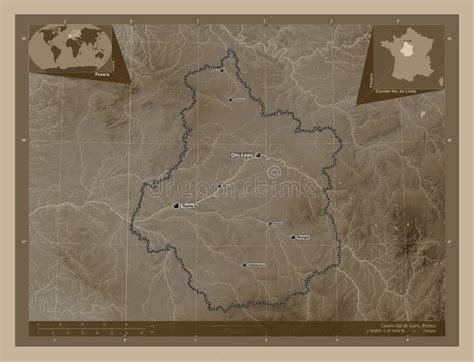 Centre Val De Loire France Sepia Labelled Points Of Cities Stock